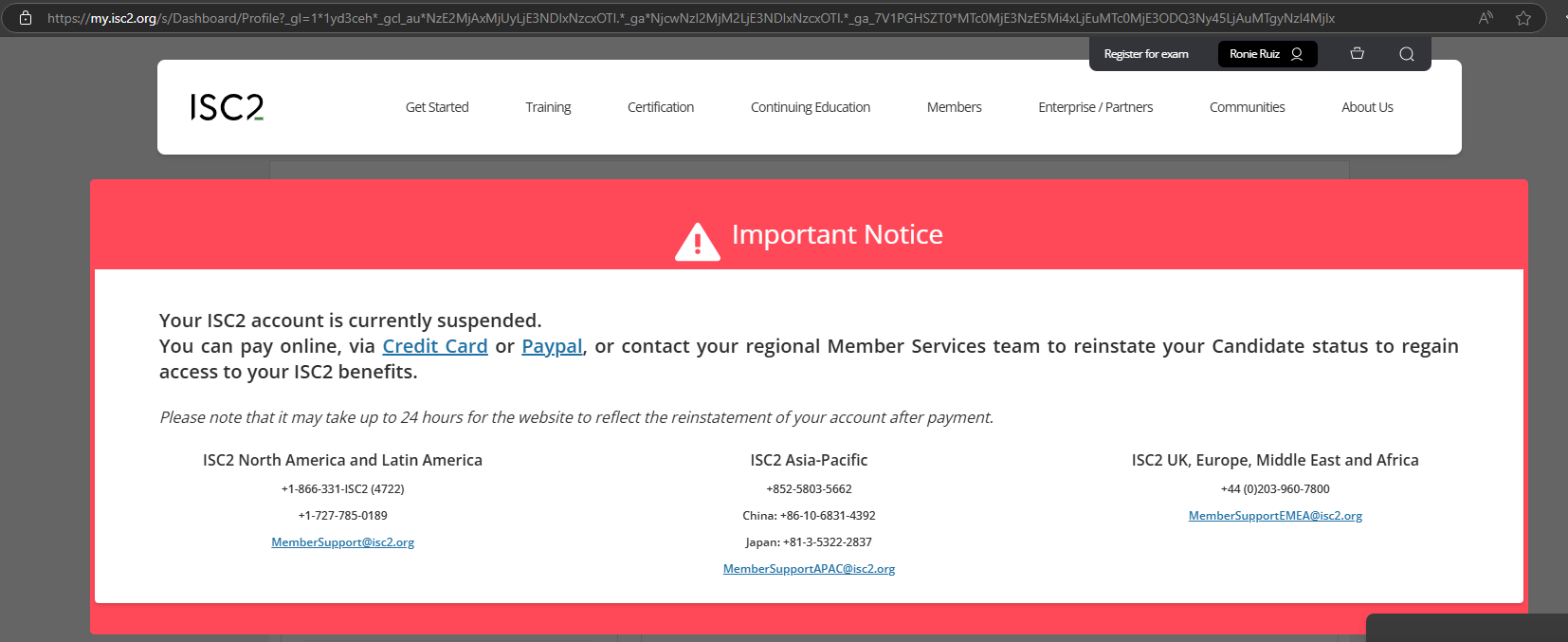 Solved: Account is currently suspended - ISC2 Community