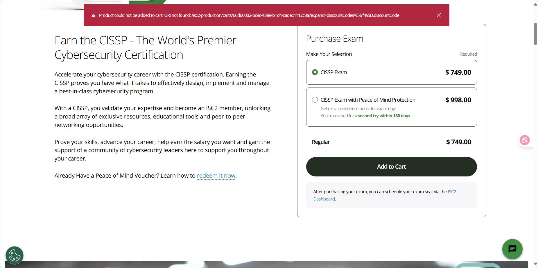 Unable to purchase cissp exam - ISC2 Community